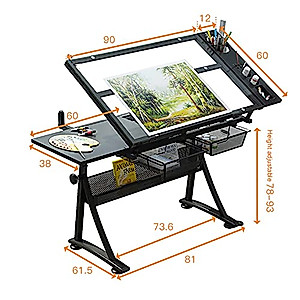 EESHHA Drawing Table Adjustable Glass Drafting Table,Versatile Art Study Table,with Storage Drawers,Art Studio Design Sketching Painting Work Station