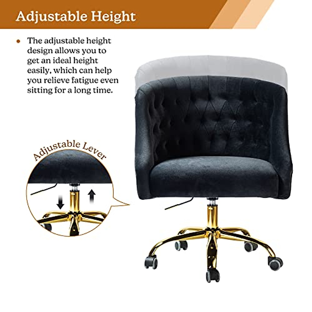 Velvet Home Office Chair with Gold Base, Comfortable Modern Cute Desk Chair, Adjustable Swivel Task Chair for Living Room Bedroom Vanity Study, Black
