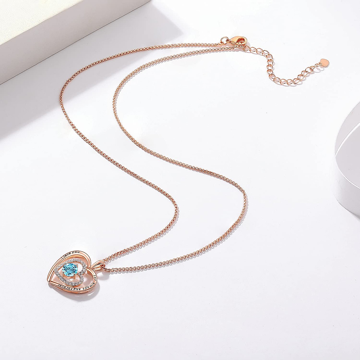 JD & P Rose Gold Double Heart Pendant Necklace for Women, March Cubic Zirconia Birthstone Jewelry Birthday Christmas Gift Ideals for Mom Mother Wife Daughter Grandma Girlfriend Her