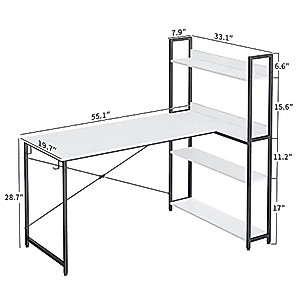 CubiCubi Computer Corner Desk with Storage Shelves, 55 Inch Reversible Small L Shaped Computer Desk, Home Office Writing Desk with 2 Hooks, White