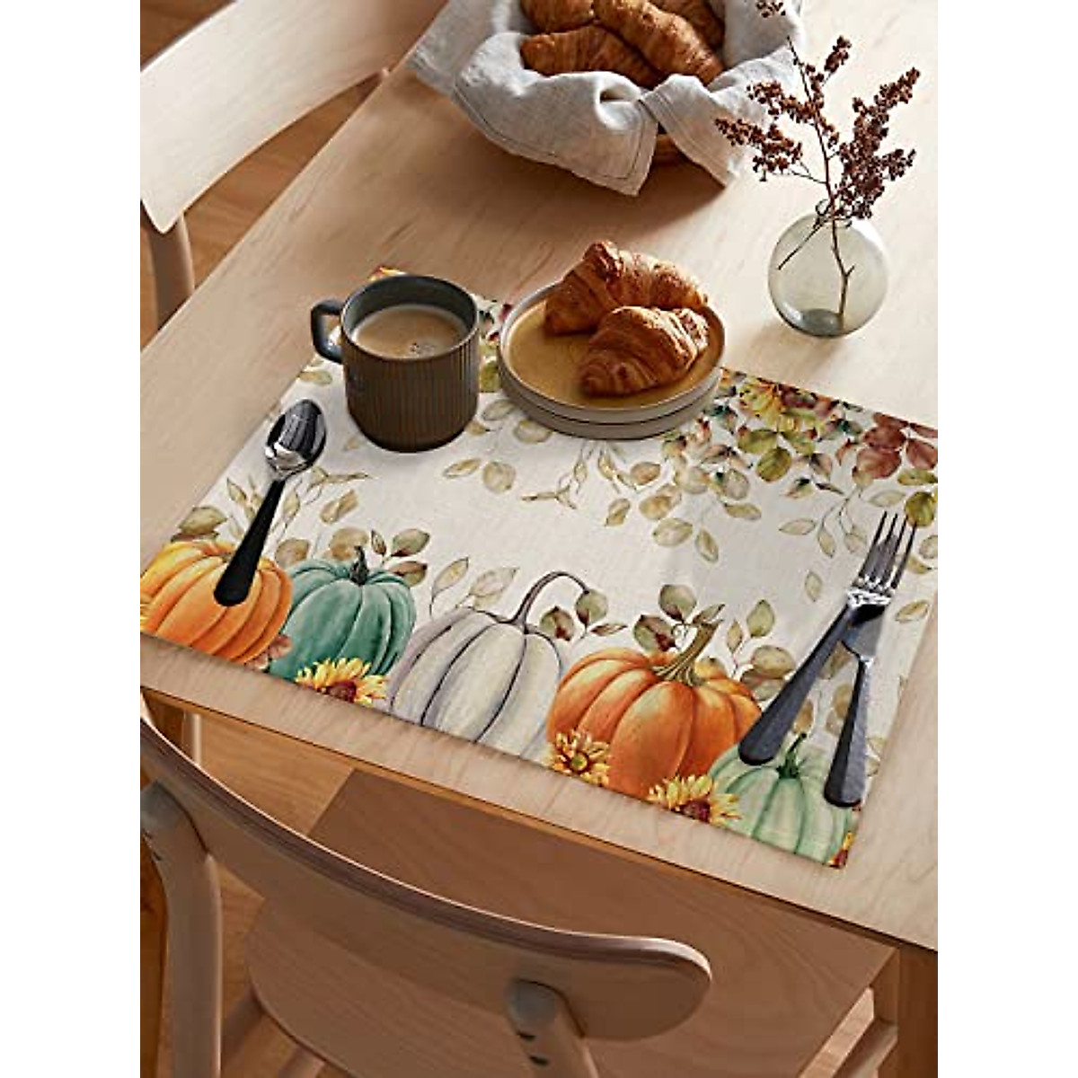 Fall Eucalyptus Leaves Thanksgiving Placemat for Dinning Table Placemat Set of 6-Cotton Linen Waterproof Table Mat Pumpkins Harvest Sunflowers Floral Place Mat Rustic Farmhouse Holiday Dinner Decor