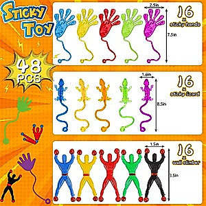LovesTown 48PCS Sticky Toys for Kids, Stretchy Sticky Toys Including 16PCS Sticky Wall Climbers 16PCS Sticky Hands 16PCS Stretchy Lizards for Kids Goodie Bag Stuffers Treasure Box Classroom Prize