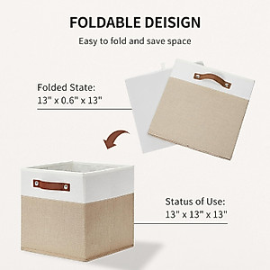 13"x13" Cube Storage Bins, ENLOY 4 Pack Collapsible Storage Cube Bins for Shelves, Large Capacity Storage Boxes for Organizing Closet Shelf with Leather Handle(White&Beige)