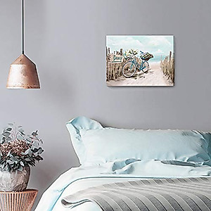 Beach Canvas Wall Art for Bathroom Ocean Pictures Seaside Bicycle Canvas Print Seascape Painting Framed Teal Aqua Blue Calming Shoreside Artwork for Modern Coastal Themed Lake Home Bedroom Décor Ready to Hang 12x16inch