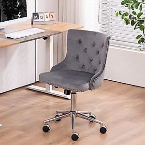 VINGLI Grey Velvet Armless Home Office Desk Chair with Gold Base/Wheels, Small Cute Vanity/Makeup Chair with Back for Bedroom, Upholstered Adjustable Rolling Swivel Nail Chair for Women/Girls