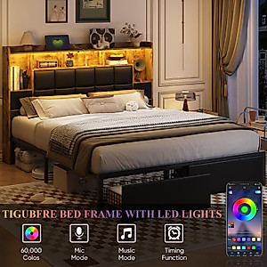 TIGUBFRE LED Bed Frame Queen Size with 2 Hidden Storage Drawers & Bookcase, PU Leather Headboard, Upholstered Platform Bed with Charging Station, Metal Slats Support, Noise Free, No Box Spring Needed
