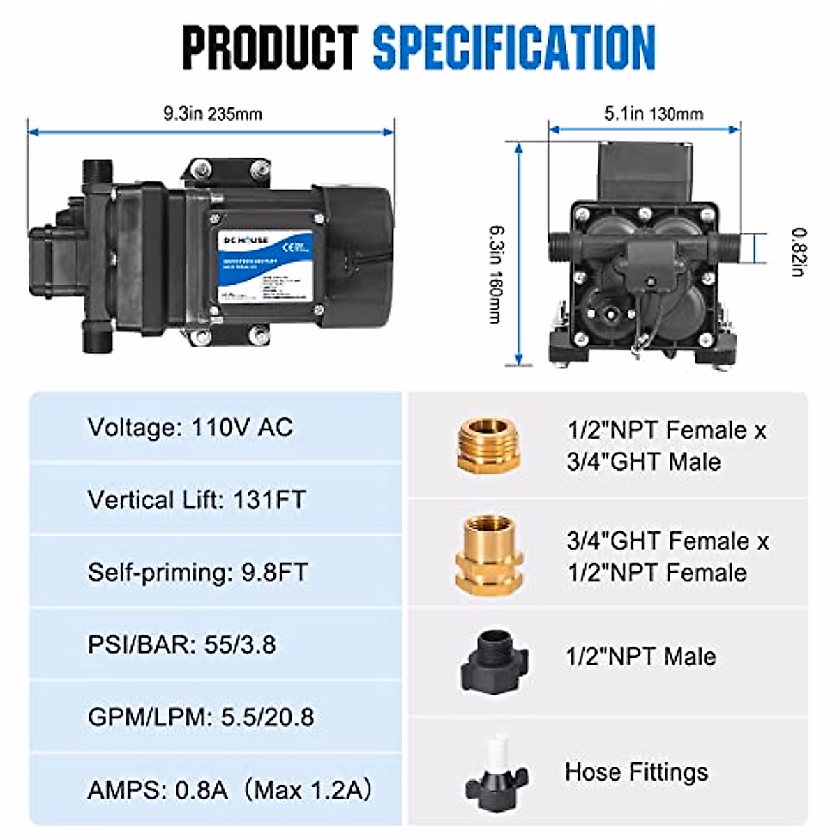 DC HOUSE 42-Series Brushless Motor Water Transfer Pump 110V 5.5GPM 55PSI, RV Water Pump 110 Volt Support Continuous Operation include 3/4" Garden Hose Adapters for Kitchen Bathroom RV Yacht