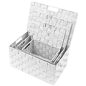 Sorbus Storage Box Woven Basket Bin Container Tote Cube Organizer Set Stackable Storage Basket Woven Strap Shelf Organizer Built-In Carry Handles (Lid Bins - 3 Pack, White)
