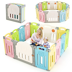 INFANS Baby Playpen, Kids Play Activity Center Yard for Toddlers, 14-Panel Safety Foldable Play Yard with Safety Lock, Adjustable Shape, Game Panel & Gate for Indoors or Outdoors (Colorful)