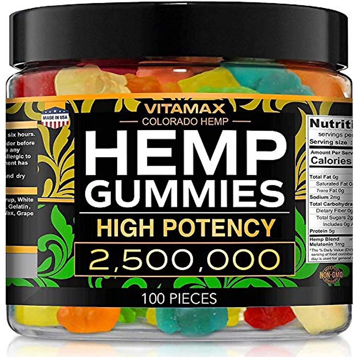 Vitamax Hemp Gummies - Great for Peace & Relaxation - 2,500,000 - Natural Fruit Flavors Tasty Relief – Made in USA – Relaxing Gummies – 100ct