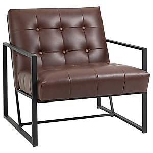 HOMCOM Mid-Century Modern Accent Chair Faux Leather Sofa Button Tufted Armchair with Metal Frame, Brown