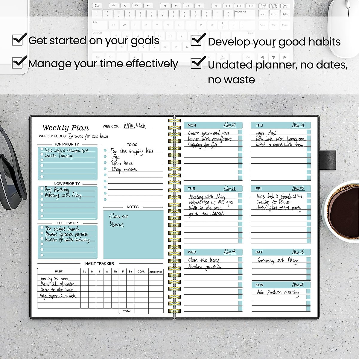 7"x10" Undated Weekly Planner, 53 Weeks To Do List Goals Notebook with Spiral Binding, Flexible Cover, Perfect for Daily & Weekly Plan (Gray)