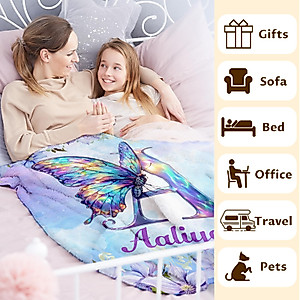 Custom Name Blanket from Your Name, Monogram Blanket for Girls Women, 50 x 40 Inches Soft Flannel Throw Blanket for Kids Butterfly Lovers, Personalized Initial Letter Throws for Sofa Office