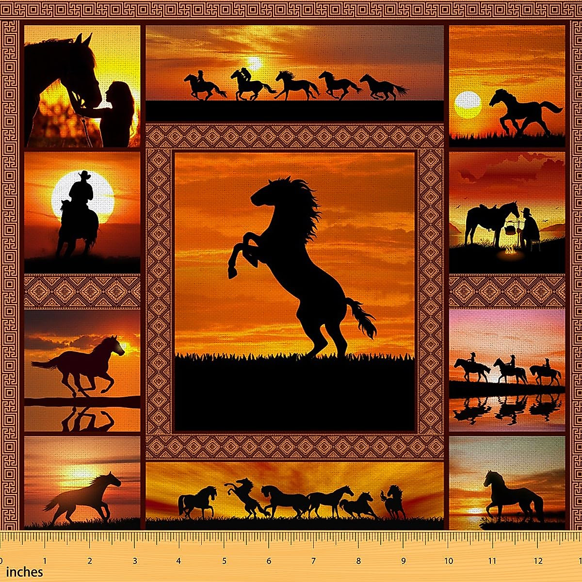 Horse Fabric by The Yard, Western Cowboys Upholstery Fabric, Farmhouse Sunset Decorative Fabric, Horse Silhouette Outdoor Fabric, Wild Animals Patchwork Waterproof Fabric for Sewing, Yellow, 1 Yard