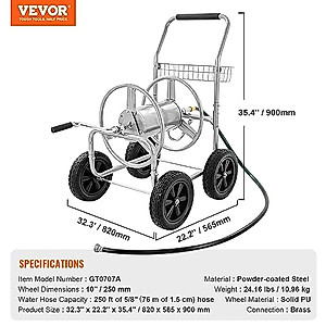 VEVOR Hose Reel Cart, Hold Up to 250 ft of 5/8’’ Hose, Garden Water Hose Carts Mobile Tools with 4 Wheels, Heavy Duty Powder-Coated Steel Outdoor Planting with Storage Basket, for Garden, Yard, Lawn