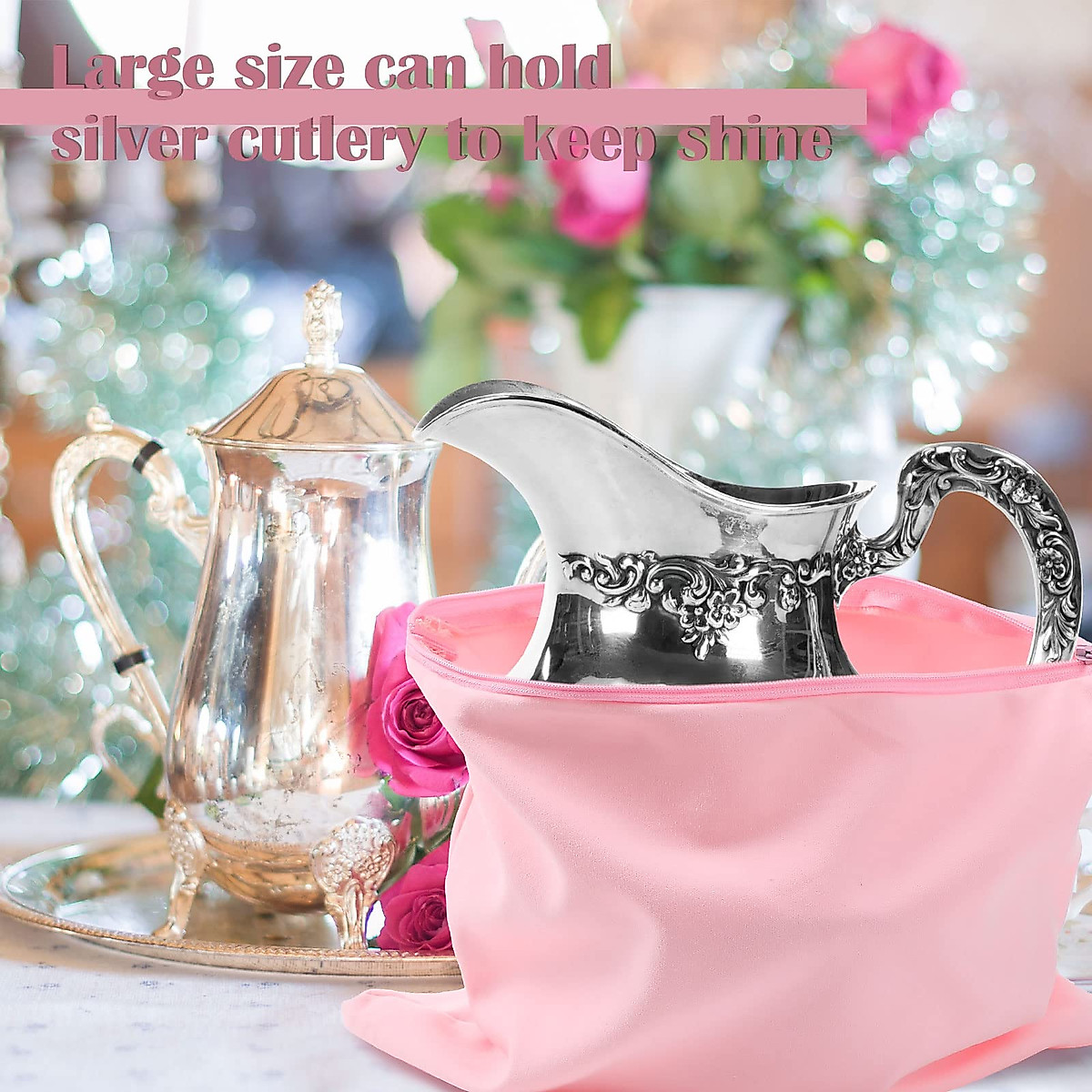 Fumete 8 Pcs Silver Storage Bags Anti Tarnish Zippered Jewelry Keeper 6x6 9x12 15x15 in Silver Pouches for Silverware Silver Jewelry (Pink)