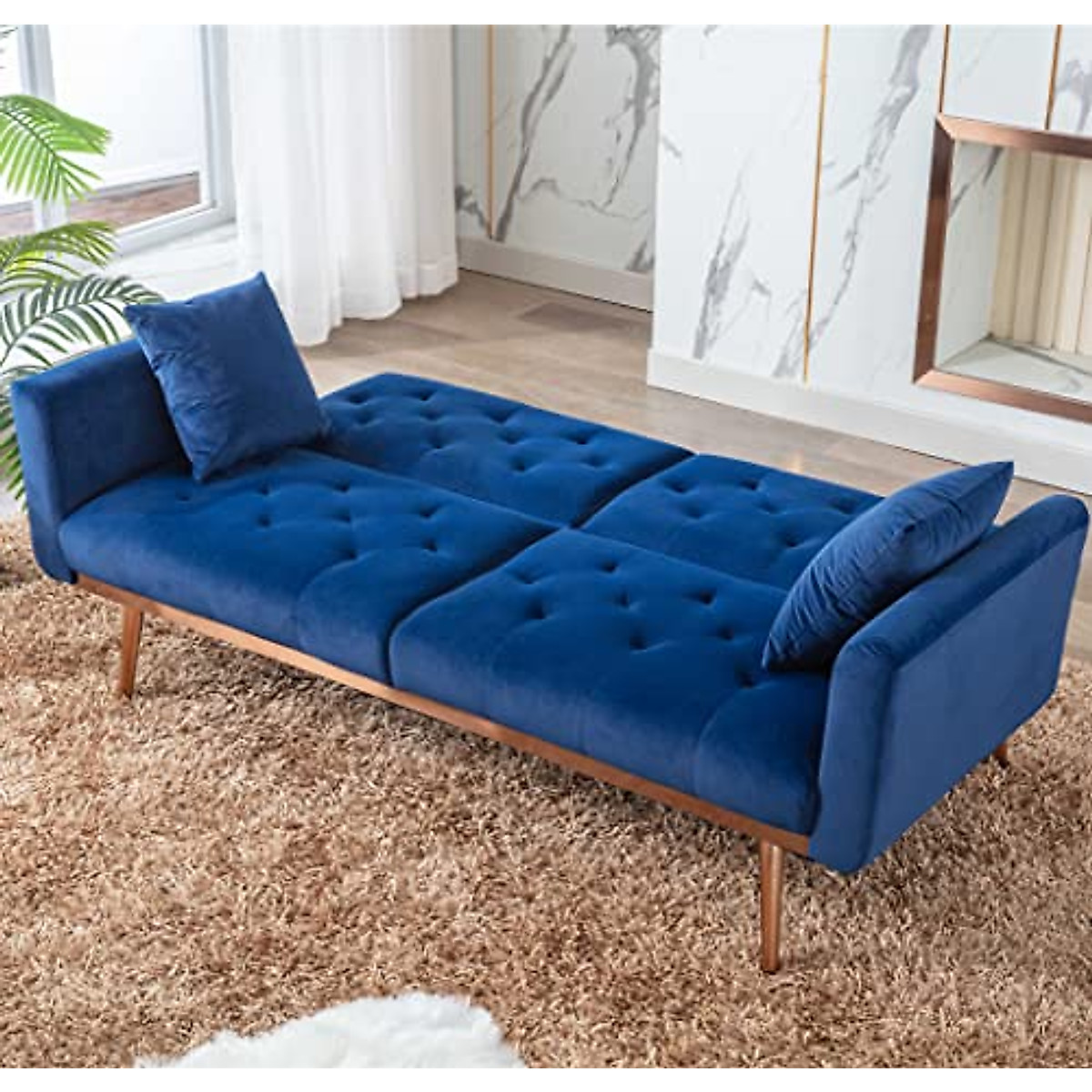 HBHM Velvet Accent Sofa, Loveseat Mid Century Modern Velvet Fabric Couch, Convertible Futon Sofa Bed, Recliner Couch Accent Sofa Loveseat Sofa with Gold Metal Feet (Blue, OneSize)