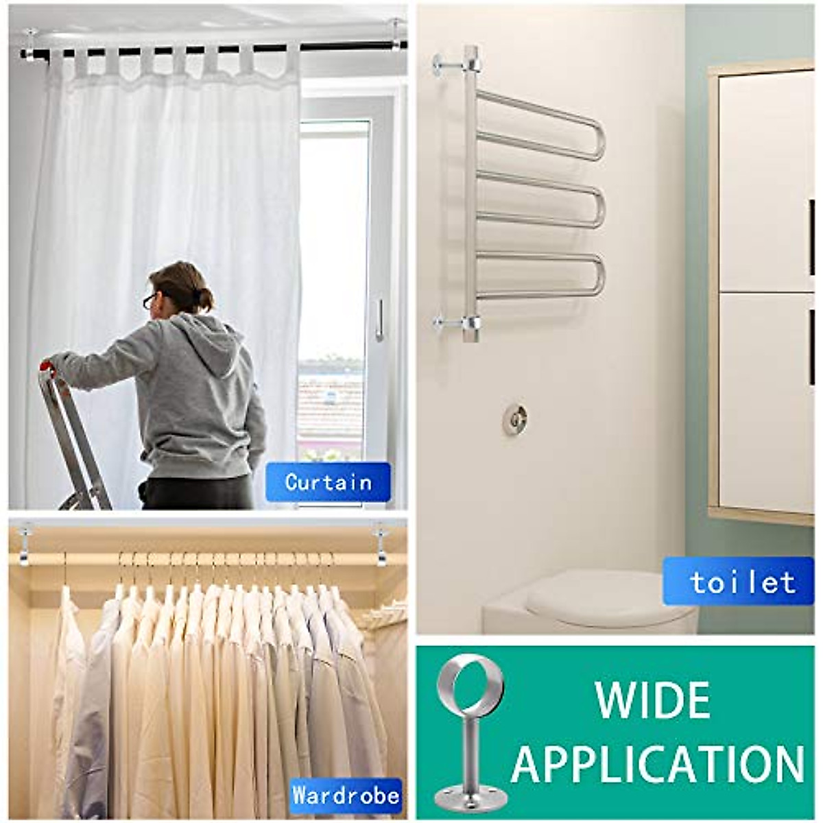 Jiozermi 6 Pcs 1 Inch Ceiling Mount Curtain Rod Bracket, 2.55 Inch Height Flange Closet Rod Holder, Heavy Duty Stainless Steel Shower Curtain Rod Socket, Closet Rod End Supports, Brushed Finish