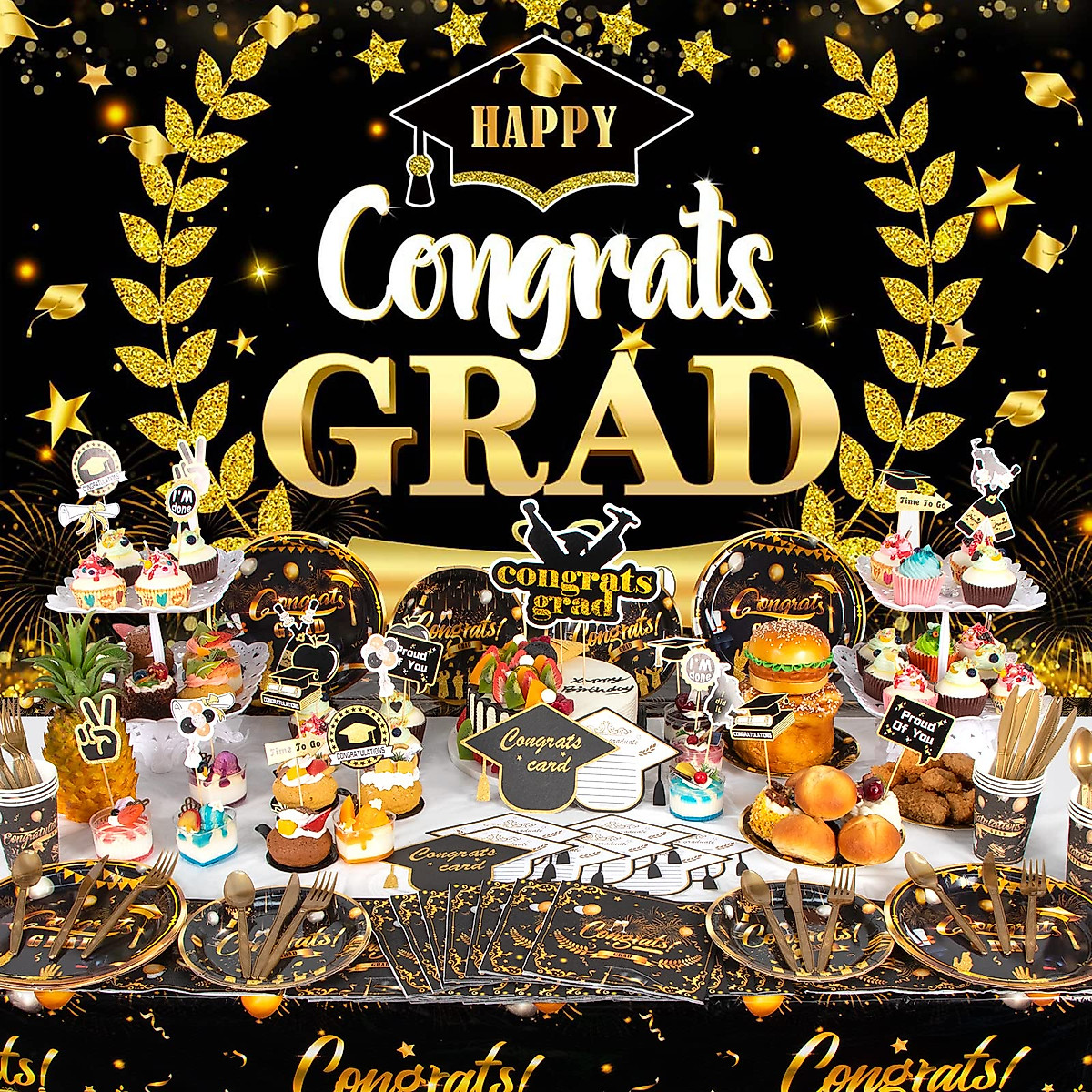 HJINGY Graduation Decorations Class of 2024, 2024 Graduation Party Decorations Include Grad Backdrop, Photo Banner, Congrats Cards, Balloons, Tablecloth, Plates, Cake Toppers for College High School