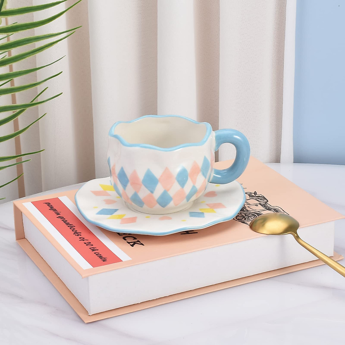 Koythin Ceramic Coffee Mug with Saucer Set, Cute Creative Rhombus Lattice Cup Unique Irregular Design for Office and Home, 10 oz/300 ml for Latte Tea Milk (Diamond Check)