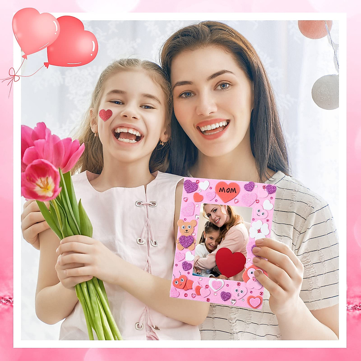 20 Sets Valentine's Day Picture Frame Craft Kits for Kids, DIY Craft Gem Stickers and Googly Eyes for Valentine's Day Mother's Day Thanksgiving Art Favor Home Class Game Activities (Romantic Heart)