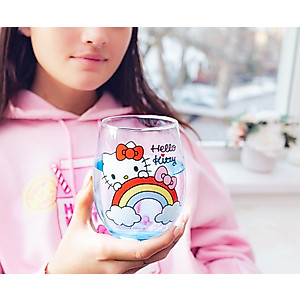 Toynk Sanrio Hello Kitty Rainbow Peek Stemless Wine Glass, Tumbler Cup For Cocktails | Holds 20 Ounces