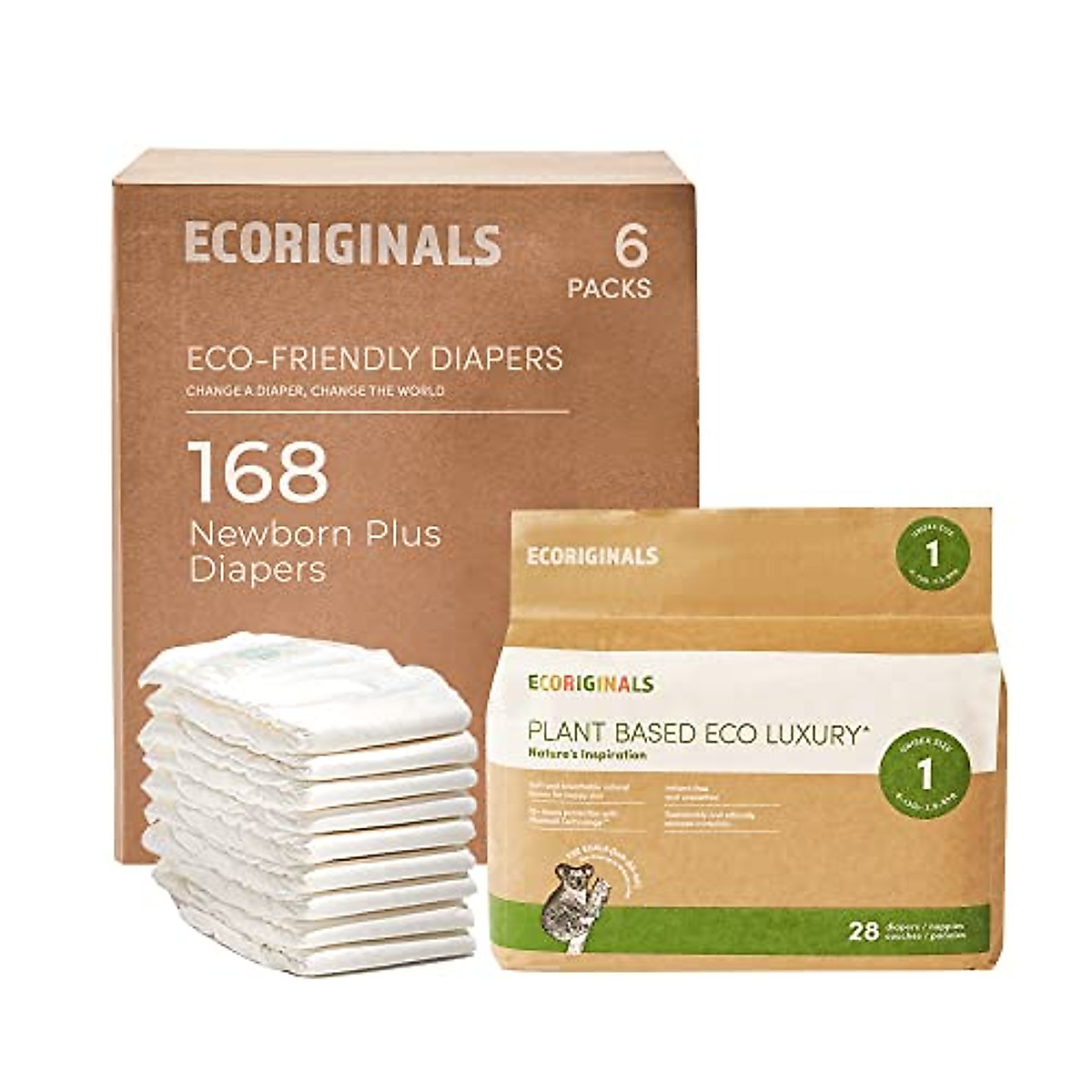 Ecoriginals Eco Disposable Diapers | Newborn Plus Baby Size 1, 8-13lbs | 6 Pack - 28pcs Per Pack, 168 Count | Plant-Based, Non-Toxic