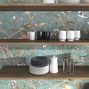 Laatse Green Leaf Wallpaper Peel and Stick Bird Wallpaper 17.5" x 393" Vintage Contact Paper Waterproof Self Adhesive Removable Boho Floral Wall Paper for Bedroom Walls Cabinet Locker