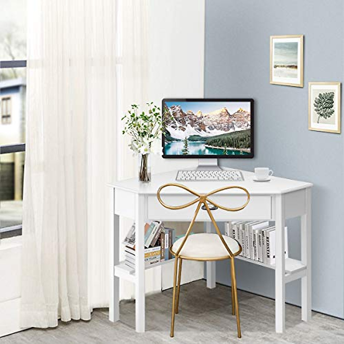 Tangkula White Corner Desk, Corner Computer Desk with Drawer for Small Space, Small Corner Makeup Vanity Desk, 90 Degrees Triangle Corner Desk with Storage Shelves
