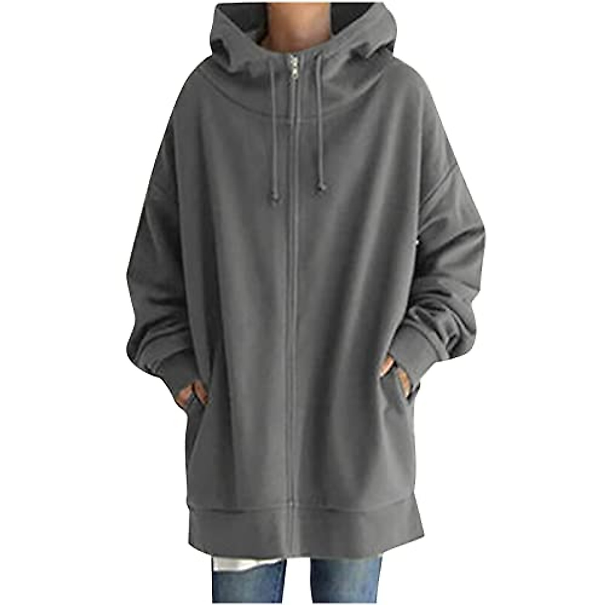 fesfesfes Women Zip Up Hoodie Casual Long Hoodies for Women Tunic Sweatshirts Jackets Winter Coat with Pockets Plus Size
