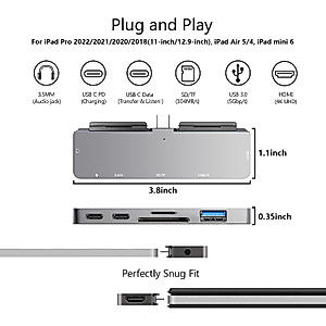 iPad Pro USB C Hub, 7-in-1 Adapter for iPad Pro 12.9 11 inch iPad Air 5 4 Docking Station with 4K HDMI, USB-C PD, SD/TF Card Reader, USB 3.0, 3.5mm Headphone Jack, iPad Mini 6 Accessories