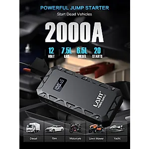 LATIT 2000A Peak Car Jump Starter, 20000mAh 12V Booster Pack Jump Starter for Up to 7.5L Gas/6.5L Diesel Engine, Powerful Jump Starter Battery Pack with Smart Jumper Cable, LED Light and LCD Display