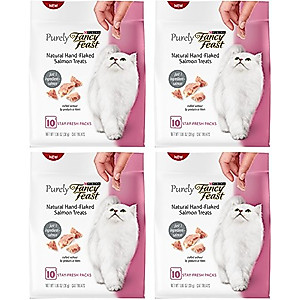 Fancy Feast Cat Treats - Natural Hand-Flaked Salmon Treats - 10 Count Treats Per Pouch - Pack of 4 Pouches
