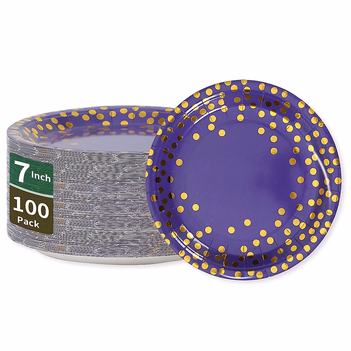 CENLBJ Purple and Gold Paper Plates,7INCH Purple Dessert Party Plates,Purple Foil Polka Dots Paper Plates for Birthdays,Graduation,Mardi Gras,Bridal Parties(100 PCS)
