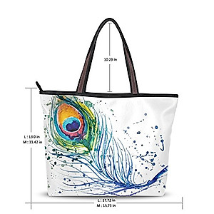 JSTEL Women Large Tote Top Handle Shoulder Bags Watercolor Peacock Feather Patern Ladies Handbag