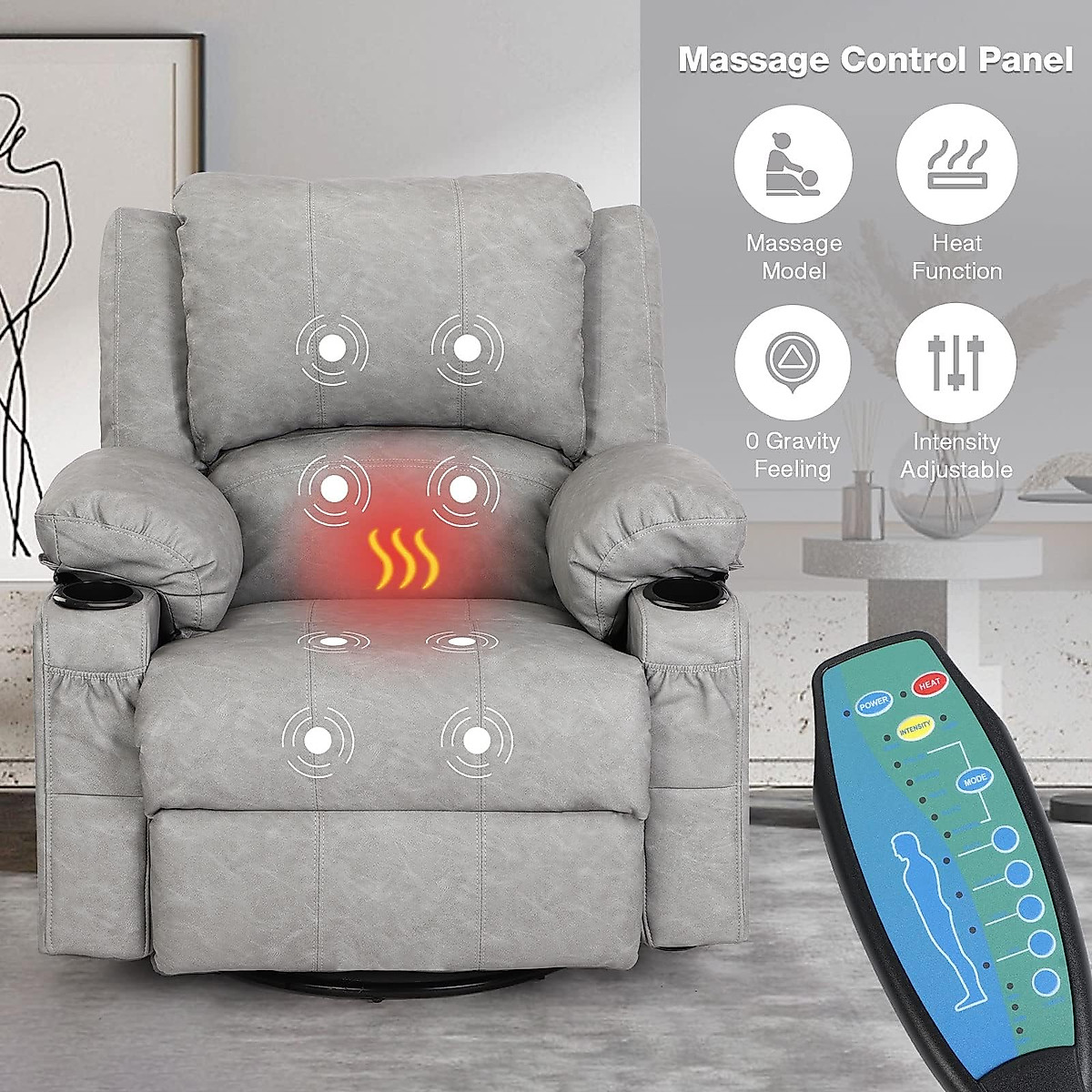 KCREAM Swivel Recliner Chairs with Massage and Heat,Leather Recliner Chairs Sofa Rocker Chair with Side Pocket Manual Reclining Chair Rocking Recliner with Drink Holders for Living Room,Grey