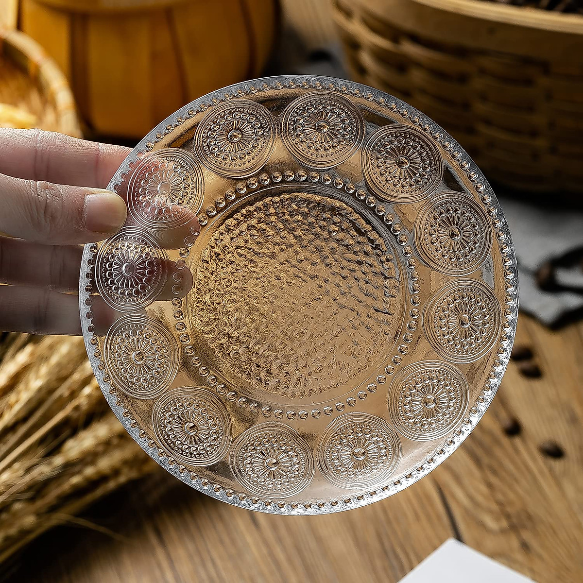 Gezzeny Vintage Coffee Mugs with Saucers 14 Oz Set of 2 Embossed Glass Cups, Tea Cups, Glass Coffee Cups for Cappuccino, Latte,Cereal, Beverage Birthday Valentine's Day Gifts