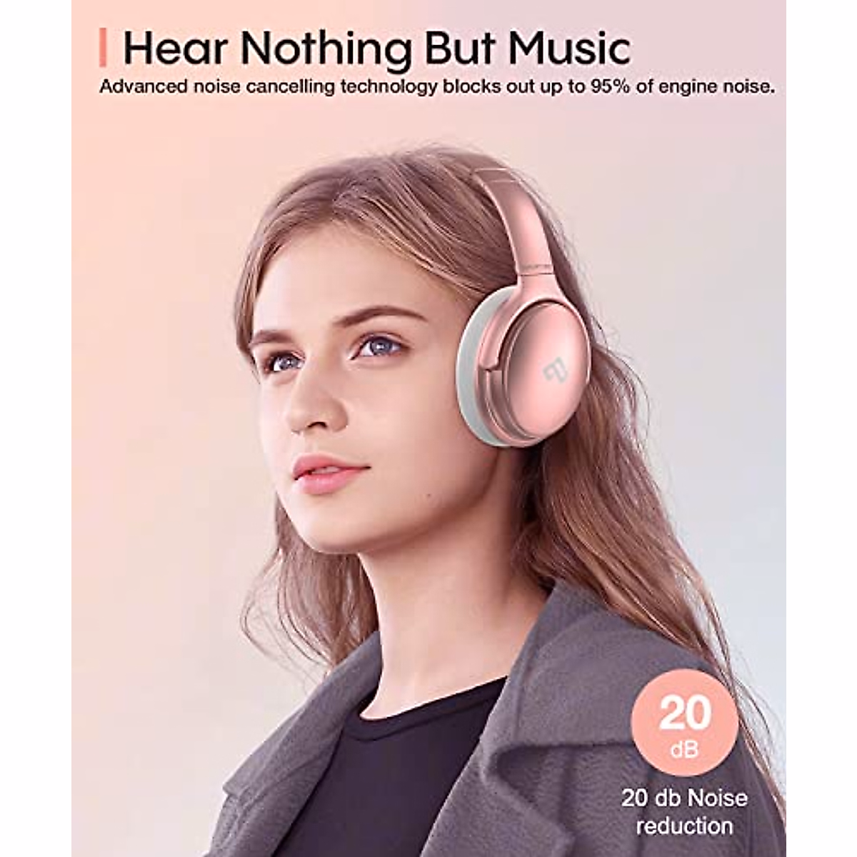 INFURTURE Rose Gold Active Noise Cancelling Headphones with Microphone Wireless Over Ear Bluetooth Headphones, Deep Bass, Memory Foam Ear Cups, Quick Charge 40H Playtime, for TV, Travel, Home Office