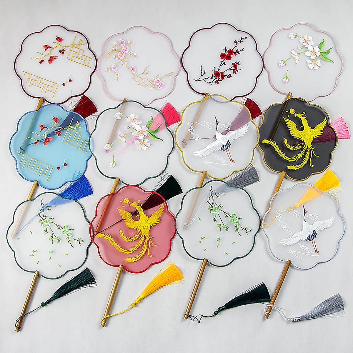 YUELAI Translucent Silk Embroidered Hand Held Fan, Chinese Round Fan, Ancient Hand Fan,Traditional Palace Paddle Dance Fan, Vintage Double-Sided Pattern Fan