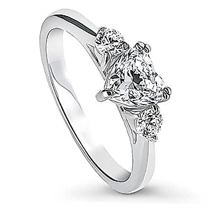 BERRICLE Sterling Silver 3-Stone Wedding Engagement Rings Cubic Zirconia CZ Heart Promise Ring for Women, Rhodium Plated Size 7
