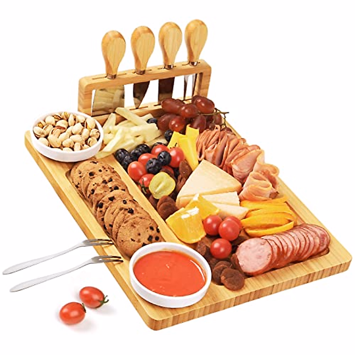 Bamboo Charcuterie Cheese Board Set - Serving Meat Cheese Platter, Charcuterie Board Set with 4 Stainless Steel Cheese Knife, Ideal for Parties, Wedding, Housewarming