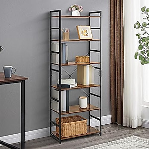 MoNiBloom 6-Tier Bookcase, Tall Bookshelf with Metal Frame Industrial Style Display Shelves for Home Living Room Office, Rustic Brown