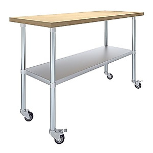 AmGood 24" x 60" Maple Wood Top Work Table with Adjustable Undershelf with Wheels