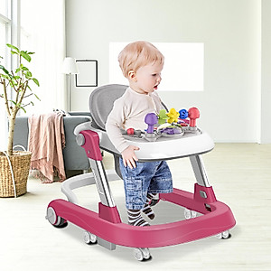 (Rose-red) Baby Walker, 6-Gear Height Adjustable Foldable Baby Walkers and Activity Center, Baby Walker with Wheels, Infant Toddler Walker with Music Disk, Baby Walkers for Baby Boys and Girls