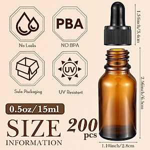 Tanlade 200 Pack 15ml Dark Dropper Bottles 1/2 oz Glass Dropper Bottles Brown Tincture Bottles with Eye Droppers for Essential Oils Liquids Perfumes Lab Chemicals and Travel (Amber)