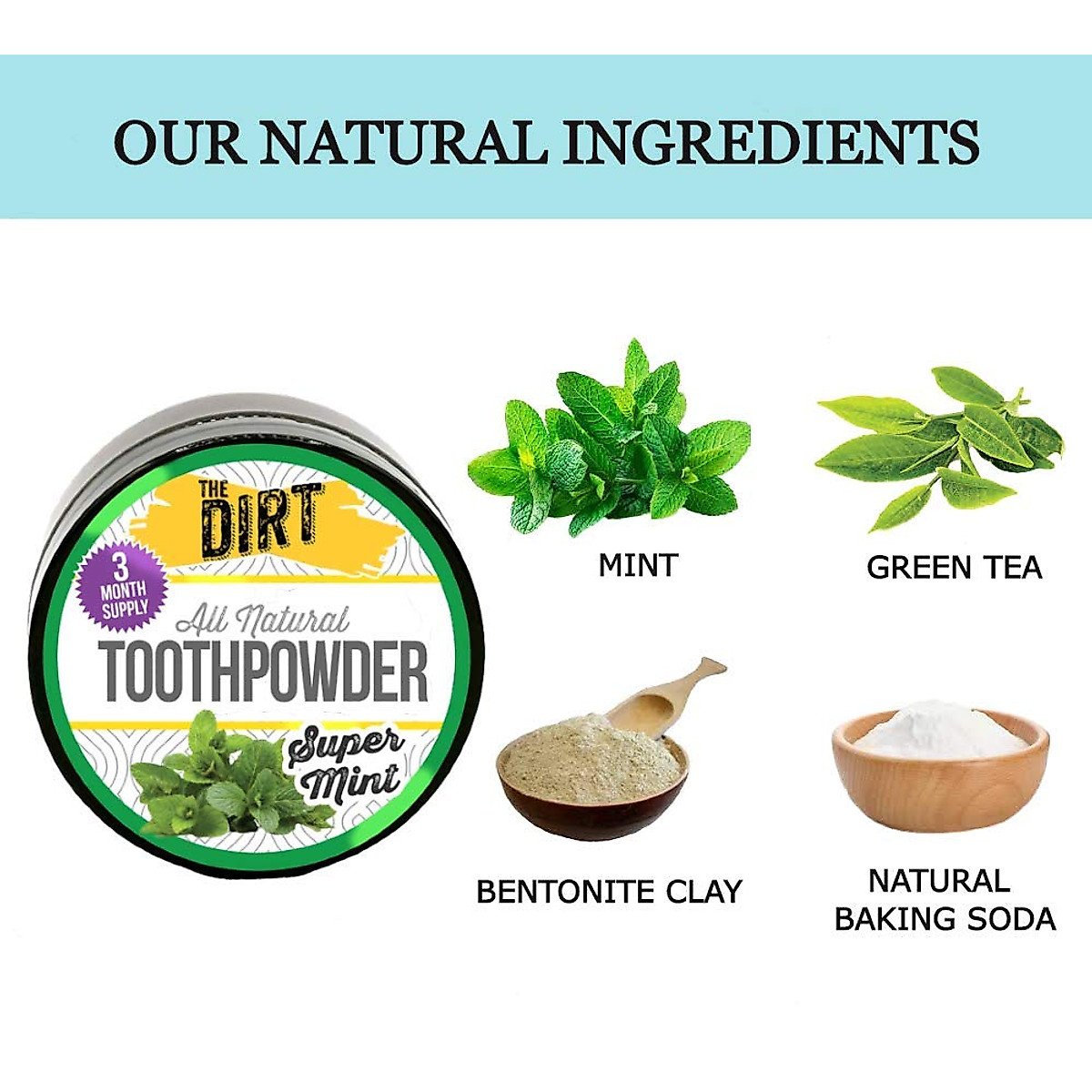 The Dirt - Remineralizing Tooth Powder, Natural Fluoride-Free Teeth Whitening Powder with Hydroxyapatite, Flouride & Gluten Free, Organic Vegan (Super Mint, 25g: 3 Month Supply)