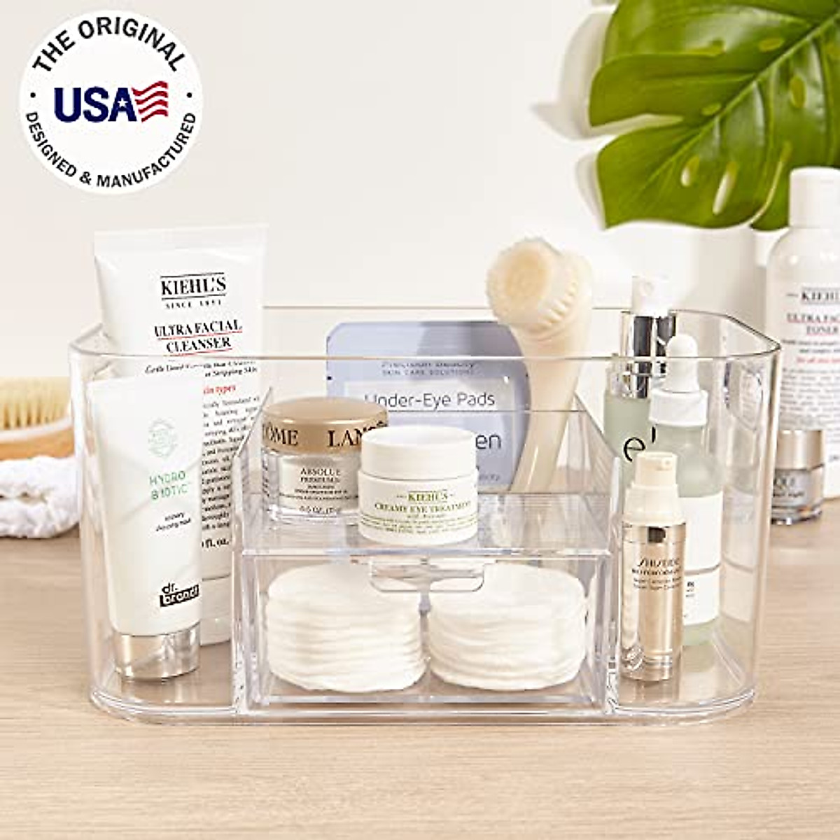 STORi Bliss 4-Compartment Plastic Vanity Organizer with Small Accessory Drawer in Clear | Rectangular Makeup, Skincare, & Cosmetic Storage Bin with Pass-Through Handles | Made in USA