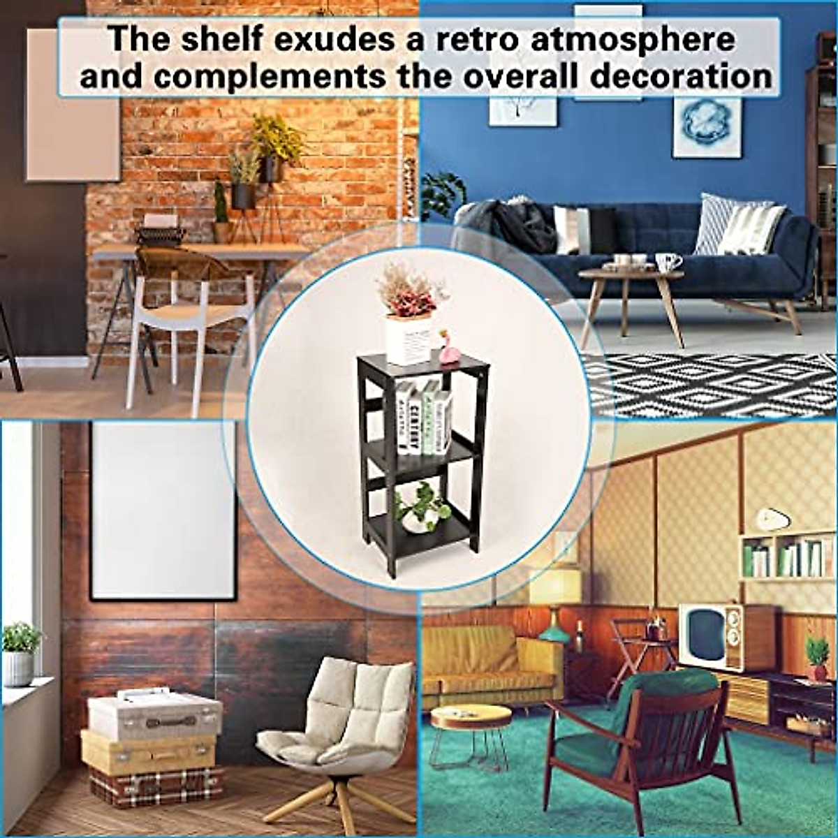 Bookshelf Organizer 3 Tier, Black Bookcase 2 Shelf, End Table Side Table with Storage Rack Nightstand for Livingroom Home Office Kitchen