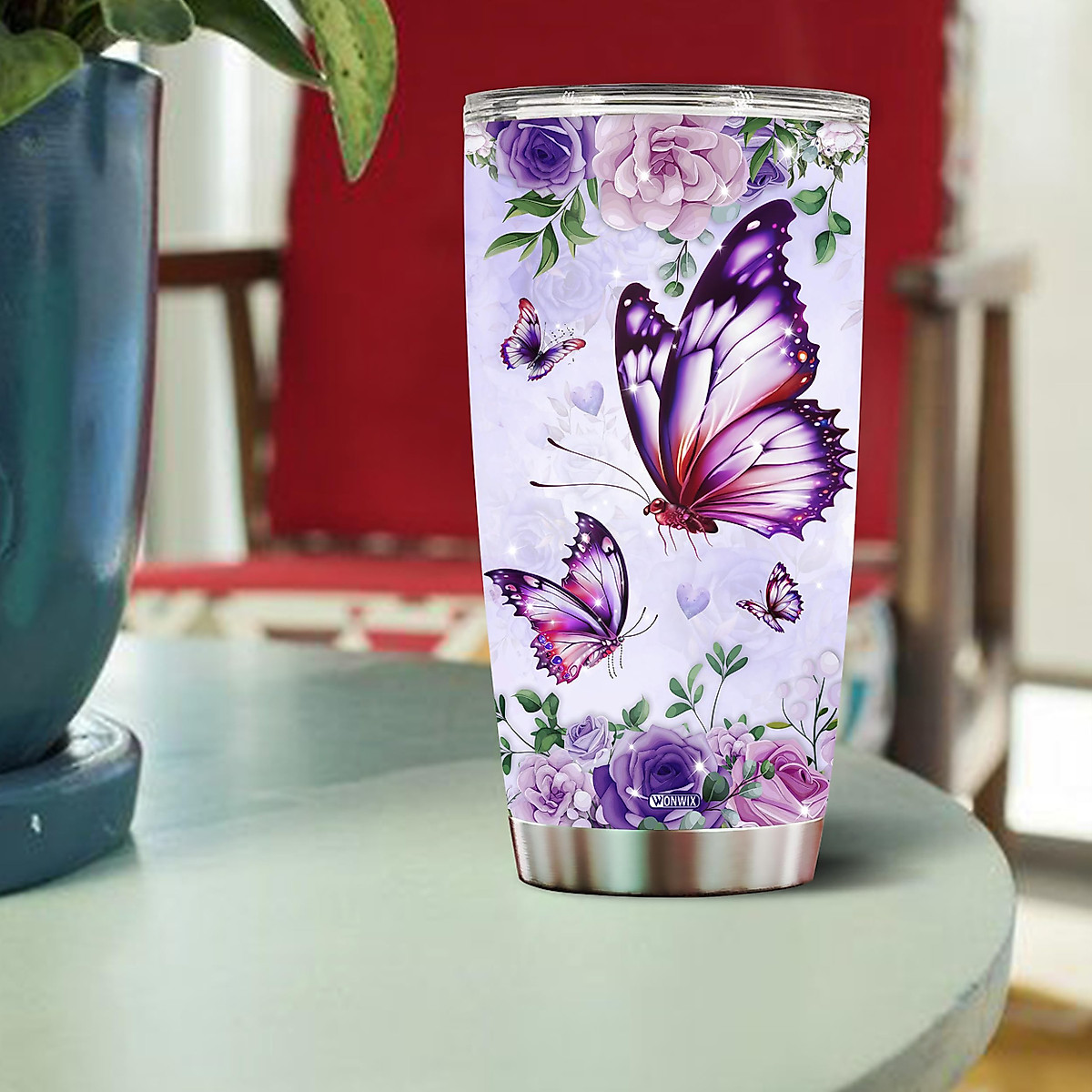 WONWIX Personalized Purple Butterfly Coffee Mugs For Girls Mom Women Adults Butterflies Lovers Water Bottle Travel Mug Mothers Day Birthday Christmas Valentine 20oz Stainless Steel Cup With Lid