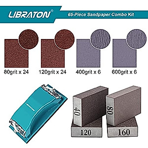 Sandpaper 65Pcs, Sand Paper, Sandpaper Assortment 80/120/400/600Grit, Assorted Sandpaper for Wood, Sanding Sponges, Sanding Handle, Heavy Grit Sandpaper Sheets for Wood, Metal, Wet and Dry Sanding